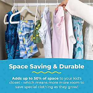 Fontaines Luxury Kid's White Velvet Felt Non Slip Clothes Hangers 50 Pack - Ultra Slim & Space Saving - Heavy Duty Swivel Black Hook for Children's Clothing, Shirt, Dress, Skirt & Pants Organization