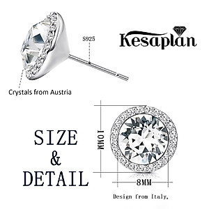 KesaPlan Sterling Silver Crystals Stud Earrings for Women, Made of Austria Crystals, Round-Cut Rhinestone Halo Bridal Earring Hypoallergenic White