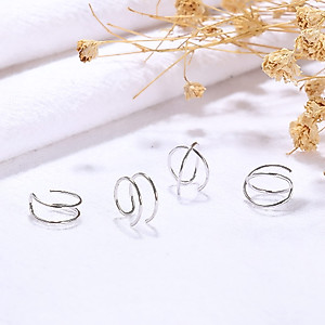 Milacolato 4Pcs 925 Sterling Silver Ear Cuff: Adjustable Non Piercing Minimalist Fake Helix Cartilage Earcuff, Dainty Clip-on Earrings Hypoallergenic with 14K Gold Plating for Women Man-Silver