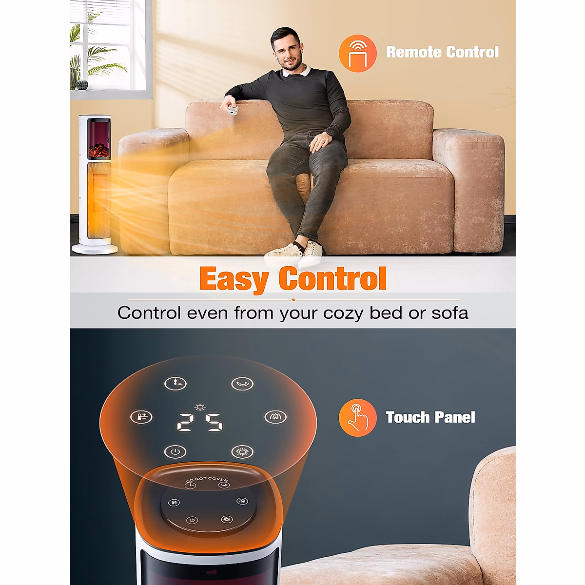 Tower Space Heater for Room, Indoor Electric Space Heater, 3 Modes & Thermostat, 90° Oscillation, 12H Timer, Remote, Overheat & Tip-Over Protection, 3D Flame, Space Heater for Office/Home/Indoor