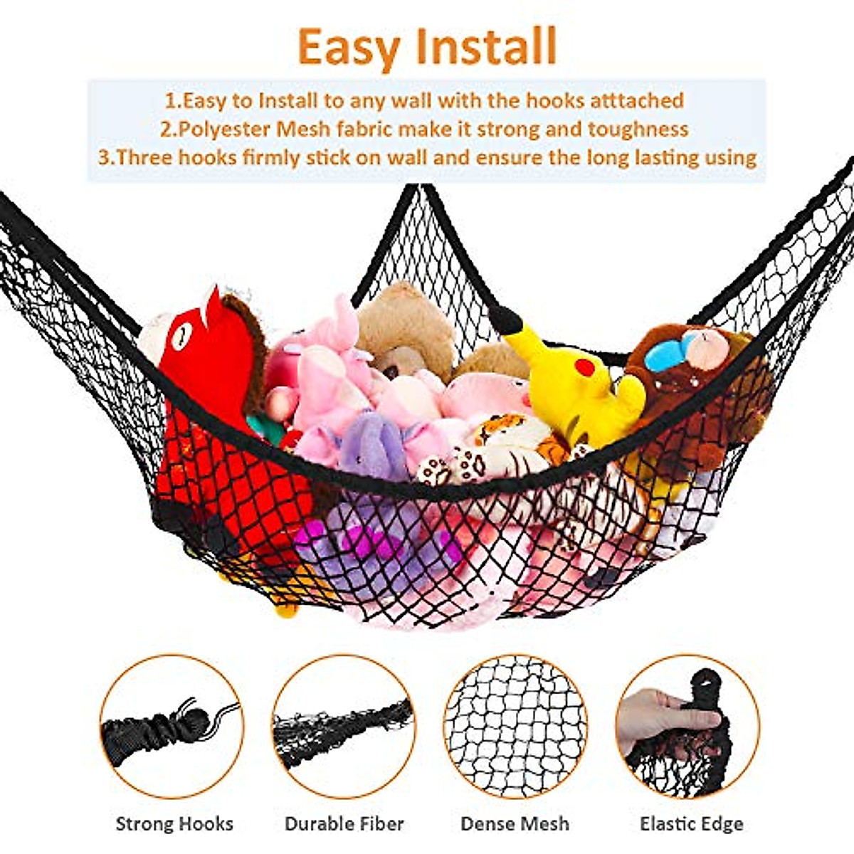 KOHUIJOO Stuffed Animal Hammock,Toy Hammock Net, Jumbo Toy Storage Net 83" Wall Sling Corner Extra Large Kids Children Mesh Toy Net Organizer (Black, 83 Inch)