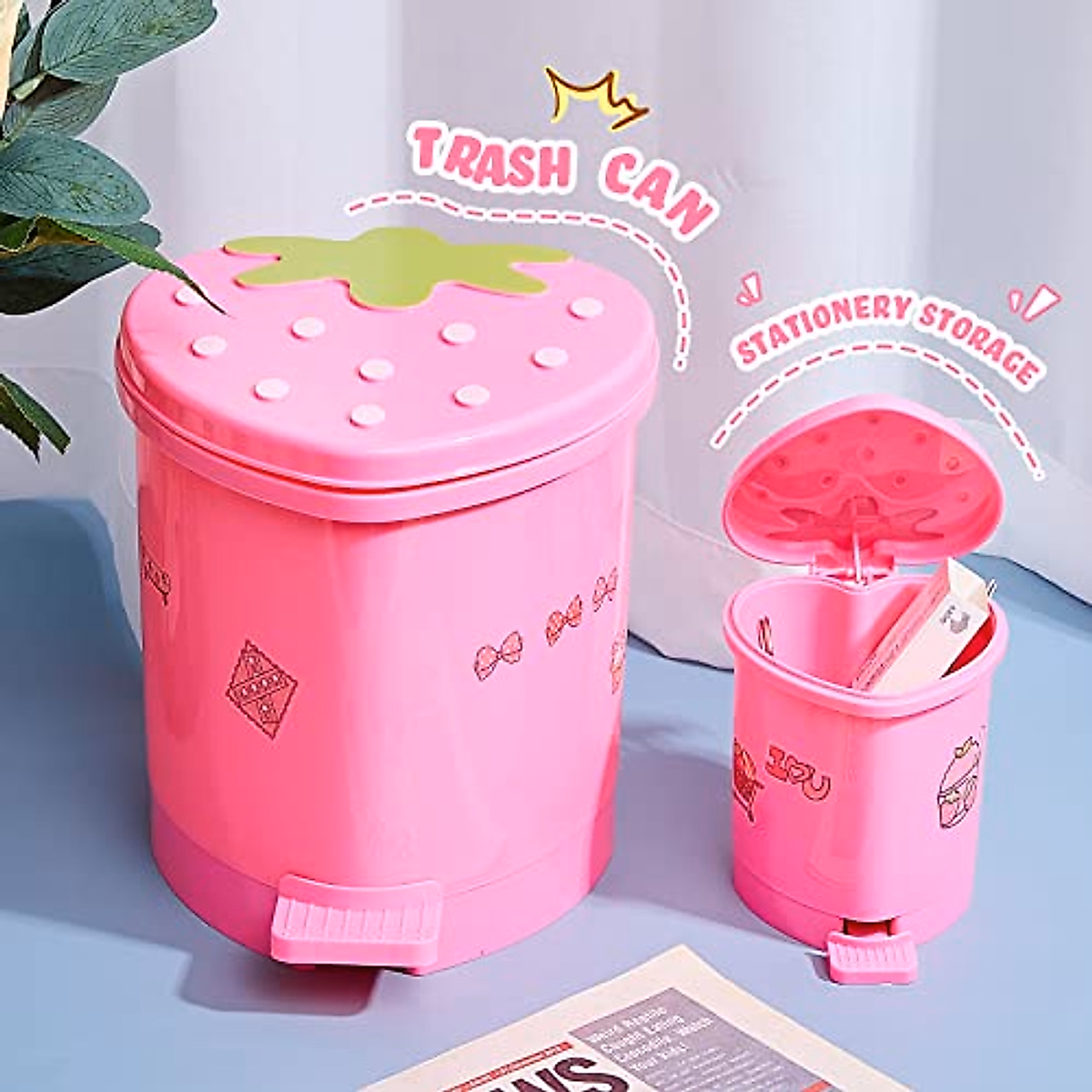 2 Pieces Strawberry Desk Trash Can Cute Trash Can Kawaii Mini Trash Can for Desk Mini Garbage Can Plastic Strawberry Kitchen Waste Bin with Sticker for Car Office Home Bedroom Bathroom Decor (Pink)