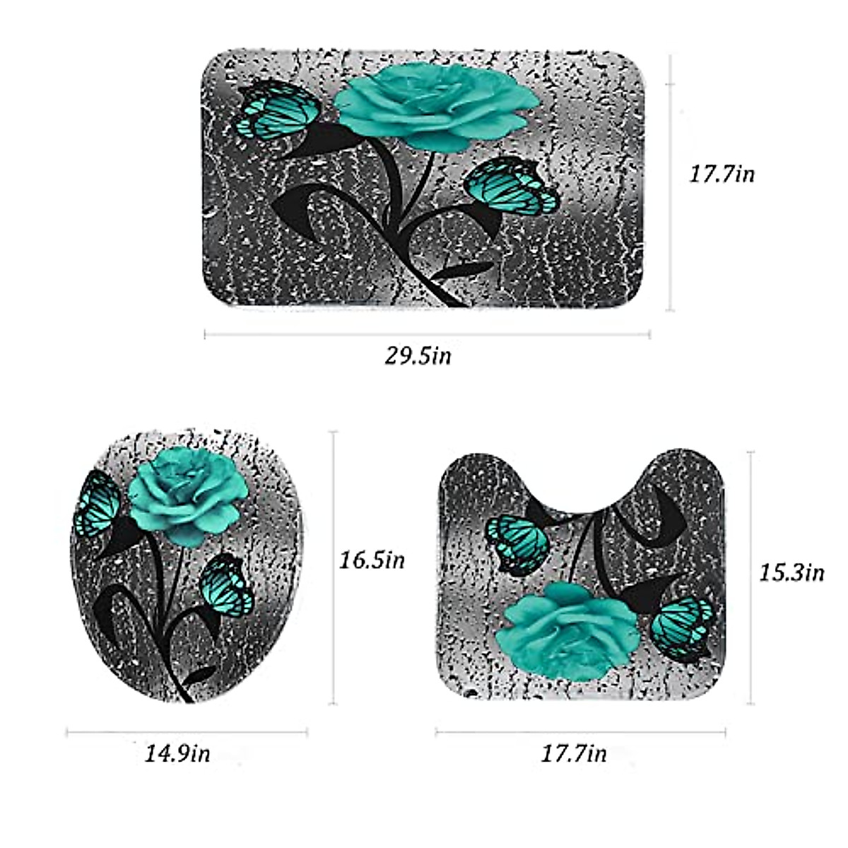 Bathroom Rugs and Mats Sets, Teal Rose Bath Mat, 3 Piece Floral Bath Rug Set, Ultra Soft Absorbent Shaggy Non-Slip Grey Bathroom Mats Bathroom Rug U Shape Toilet Mat Contour Bath Rug for Bathroom