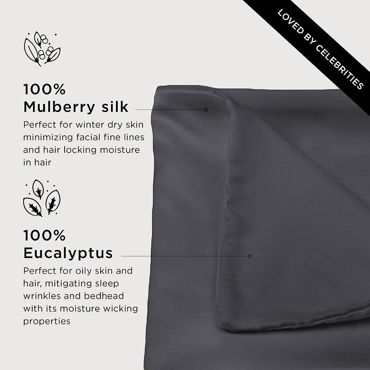 NGHT Reversible Silk Pillowcase: 100% Mulberry Silk one Side, 100% Eucalyptus Other Side - Anti-Slip Silk Pillow Covers for Soft Hair & Skin - 30” x 20” Queen Size Standard Size