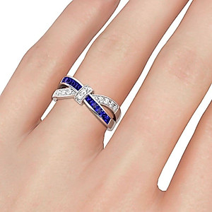 Jeulia Crossover Sterling Silver Women's Band Fashion Anniversary Promise Engagement Ring for Women With Gift Jewelry Box (9.5) (Blue & White, 10.5)