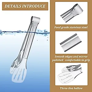 6PCS Serving Tongs, 7Inch Buffet tongs, Stainless Steel Food Tong Small Serving Utensils for Cooking, Entertaining, Salad, Barbecue, Buffet, Toast and Steak by Sunenlyst (Stainless buffet tongs)