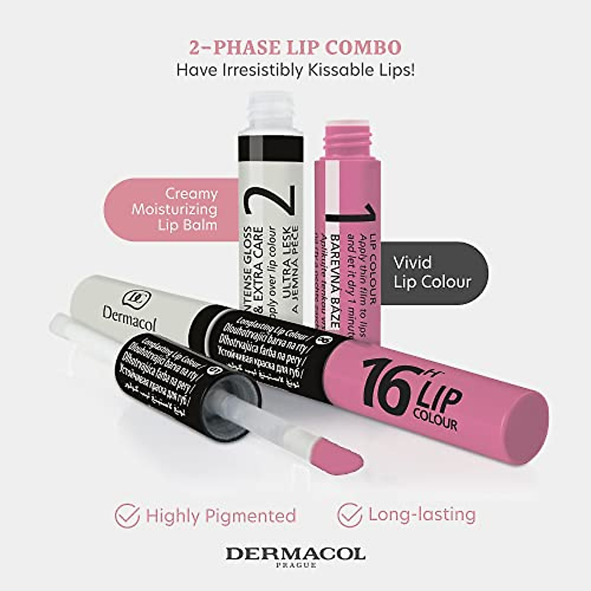Dermacol - 16-Hour Lip Colour, Highly Pigmented Glossy Lip Stain, Two-Phase Lip Plumper Gloss, Kissproof Lip Makeup Products with Matte and Glitter Finish, No.11 Shimmering Light Pink Lipstick, 7.1 mL