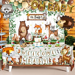 Woodland Animals Baby Shower Decoration Pack Forest Animal Neutral Gender Reveal Party Supplies Woodland Themed Birthday Party Ideas Set 106 Pcs Backdrop, Tablecloth, Cake Toppers, Balloons (Woodland