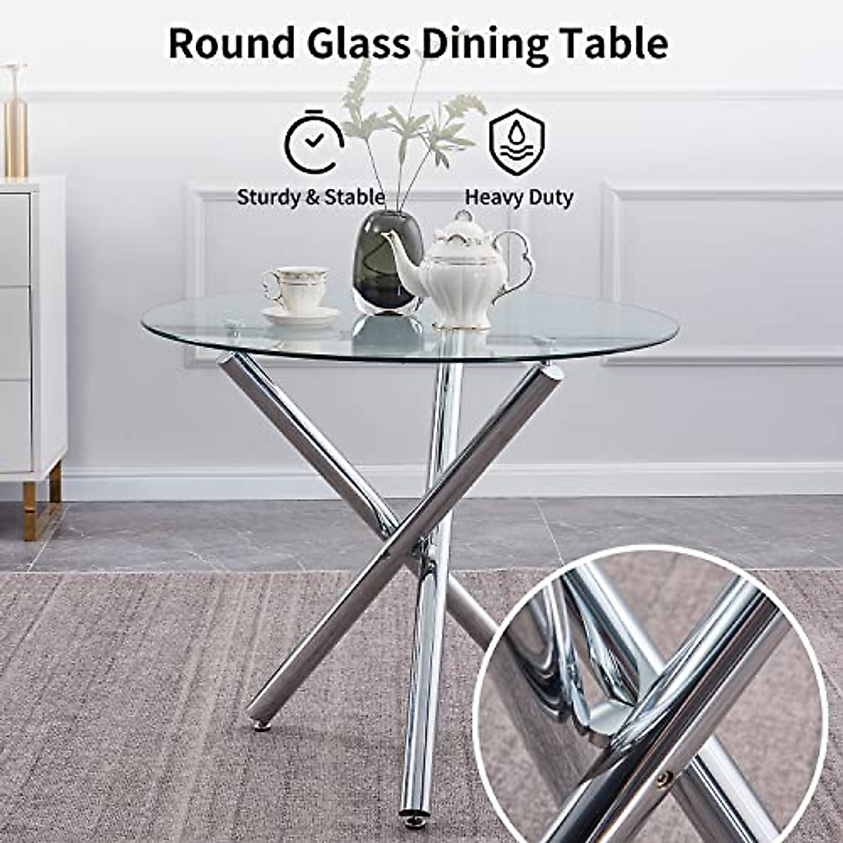ROZHOME Dining Set for 4, Round Glass Dining Table with 3 Legs and 4 Metal Chair for Home Office Kitchen Dining Room 35.43" * 35.43" * 29.53"(L x W x H) (Glossy Silver+Light Slate Gray)