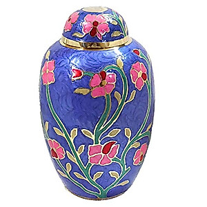 Ansons Urns Cremation Urn - Flower Funeral Urn for Human Ashes - Burial urn with Lacquer Finish - 100% Brass - Flora Blue
