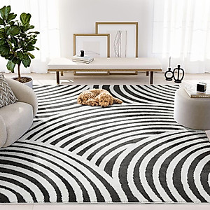 Abani Nomad Cream & Black Area Rug 8' x 10' for Living Room, Bedroom - Black Linear Curves Design - Durable & Easy to Clean