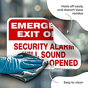 Sigo Signs, Emergency Exit Only Sign, Security Alarm Will Sound If Door Opened Sign, 10x7 Inches, 4 Mil Vinyl Decal Stickers Weather Resistant UV Protected, Made in USA
