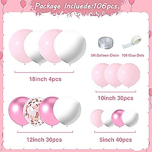 Pink Balloons Garland Arch Kit, Pastel Light Pink White Balloons, Metallic Pink Rose Gold Confetti Birthday Party Balloons for Baby Shower,Bridal,Wedding,Birthday,Anniversary Party