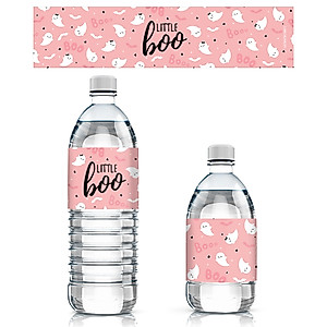 Pink A Little Boo is Almost Due Girl Baby Shower Water Bottle Labels, Halloween Baby Shower Waterproof Stickers for Water Bottles - 24 Count