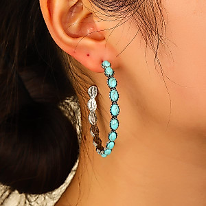 Natural Turquoise Dangle Metal Large Oval Earrings Western Vintage Statement Teardrop Earrings Bohemian Delicate Cowgirl Hoop Earrings for Women-F