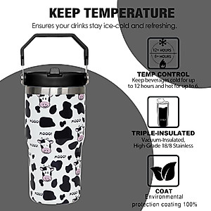 Hachishun Cute Cow Tumbler with Handle, Stainless Steel Vacuum Insulated Flip Straw 20 oz Cow Tumbler Spill Proof Coffee Travel Mug Cow Gifts for Women