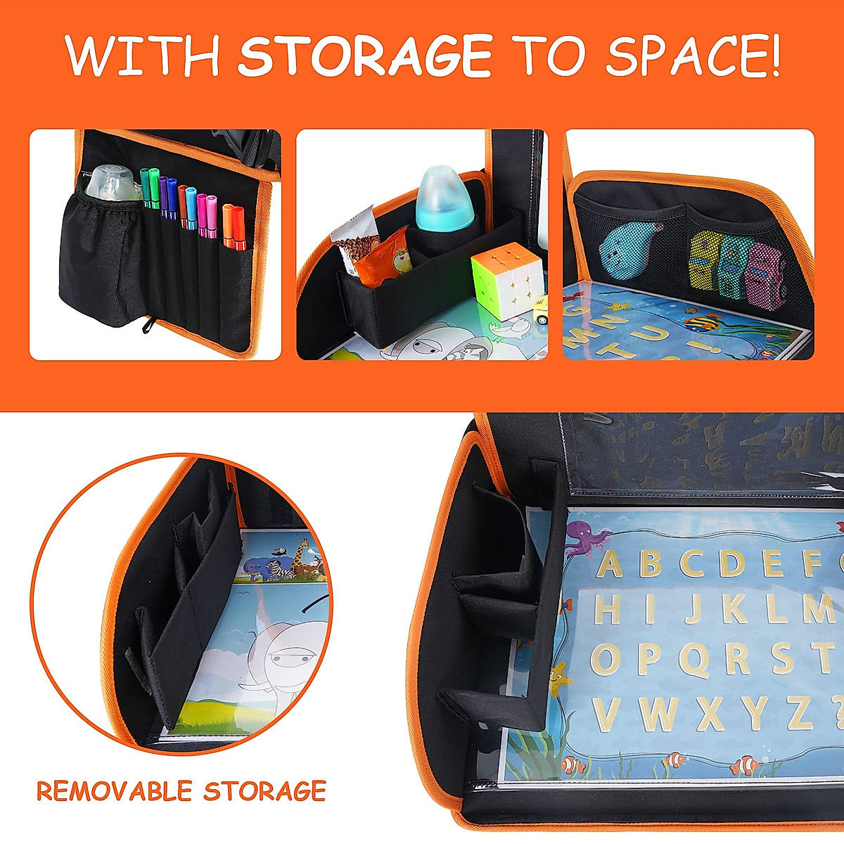 MENZOKE Kids Travel Tray, Car Seat Organizer Toddler with Dry Erase Board Car Lap Desk Table with iPad Holder, Storage Pocket, Kids Active Eating Tray for Road Trip, Airplane, Stroller, Black