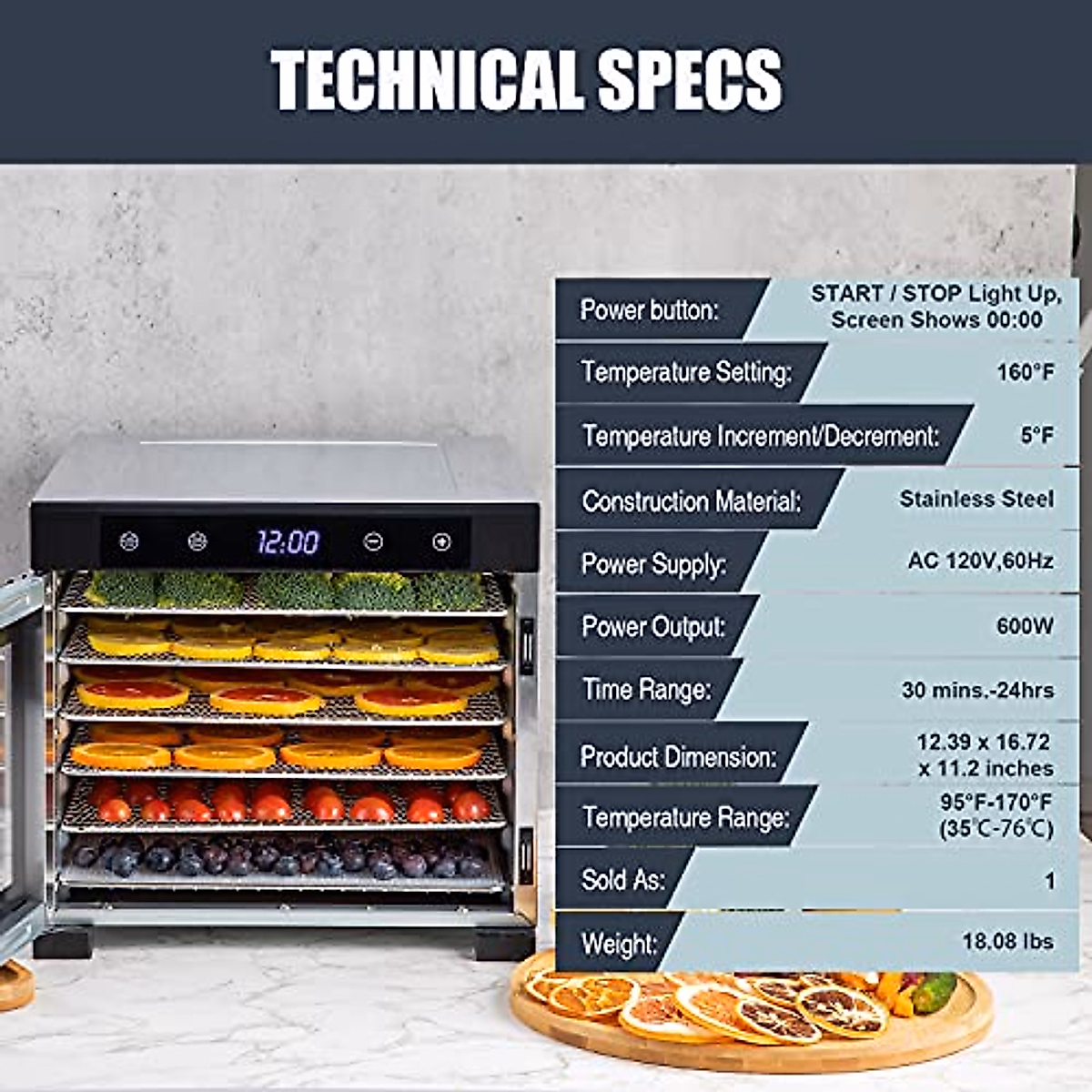 Electric Countertop Food Dehydrator Machine - 600-Watt Premium Multi-Tier Meat Beef Jerky Maker Fruit/Vegetable Dryer w/ 6 Stainless Steel Trays, Digital Timer, Temperature Control - NutriChef
