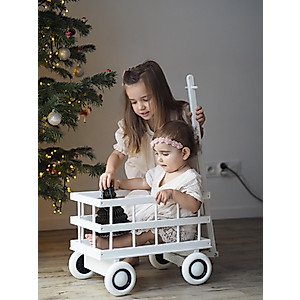 Premium Wooden Wagon JULEK - Safe and Beautiful | Ideal for Weddings and Flower Girls | Color: White Fluff | Wheels: Rubber