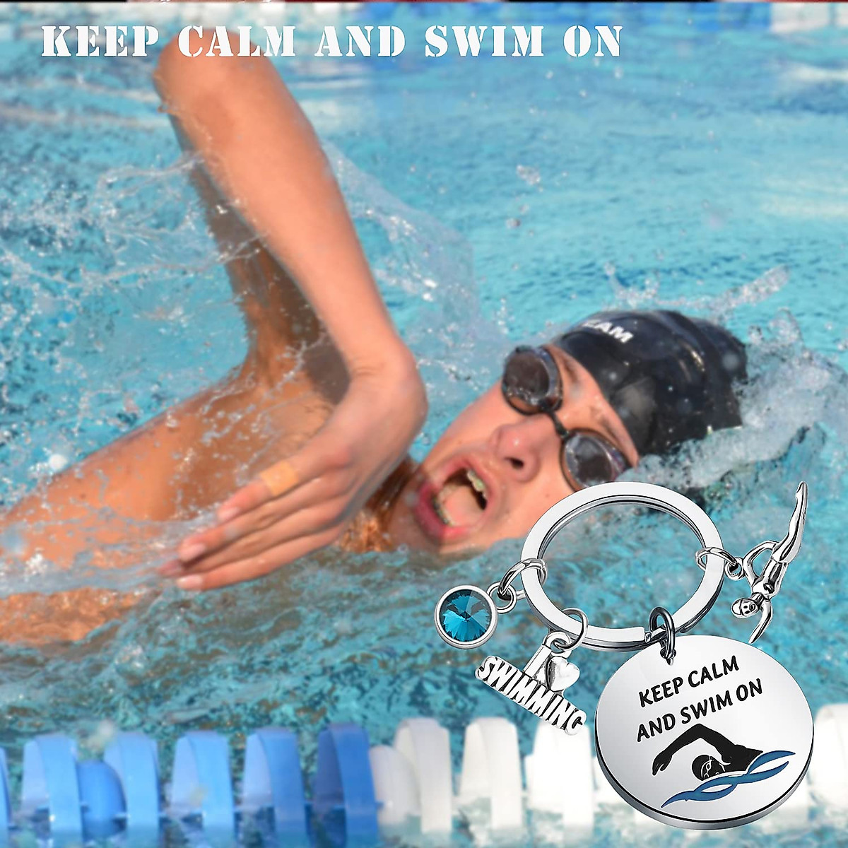 PLITI Swimming Keychain Swimming Lover Gift Keep Calm And Swim On Keyring For Swimming Lover Swim Team Inspirational Gift For Sports Lover (keep calm swim)