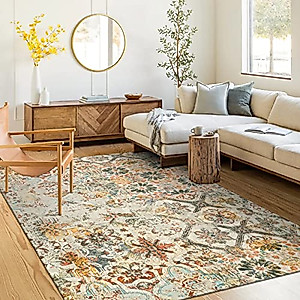 Lahome Boho Machine Washable Rugs - 5x7 Area Rugs for Living Room Non-Slip Throw Bedroom Rug Ultra-Thin Floral Print Dinning Room Rug Large Accent Distessed Floor Carpet for Entrance Kitchen Office