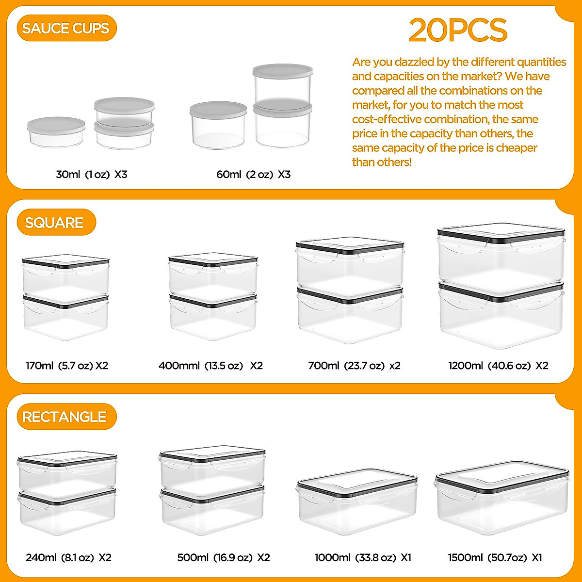 20 PACK Food Storage Containers with Lids Airtight, Larger Leakproof Plastic Meal Prep Containers Stackable Reusable for Kitchen Organization storage with Labels & Pen, BPA-Free, Microwave Safe