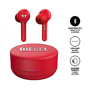 Diesel True Wireless Earbuds, in Ear Bluetooth Headphones with 32 Hr Playtime, Wireless Charging Case, Waterproof Headset, LED Battery Power Indicator, iPhone and Android Compatible Earphones, Red