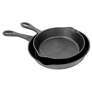 Bayou Classic 7457 8-in and 10-in Cast Iron Skillet Set w/Pour Spouts Perfect For Breakfast Pan Frying Sautéing and Baking