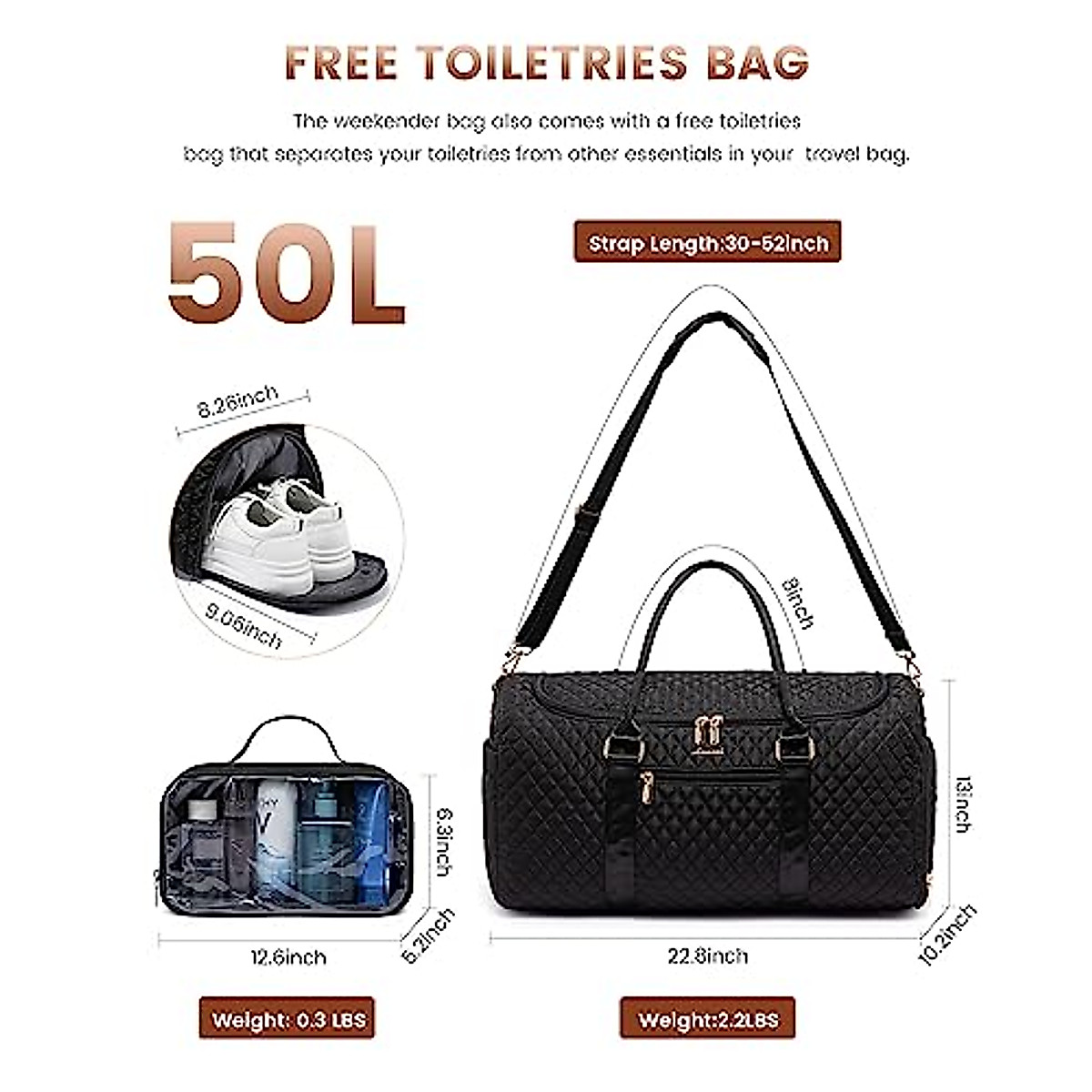 LOVEVOOK Travel Duffle Bag, 50L Weekender Overnight Bag with Toiletry Bag, Quilted Carry On Bag with Shoe Compartment, Gym Duffel Bag with Wet Pocket for Women, Hospital Bags for Labor and Delivery