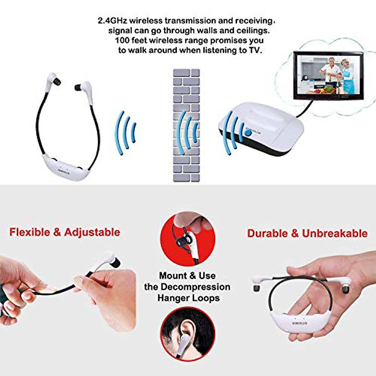 SIMOLIO 2.4G Digital TV Wireless Headphones with Spare Battery for Seniors, Dialog Clarity Wireless Headphones for TV Watching with Tone & Balance Control, Support Optical/RCA/AUX, 100ft, No Delay