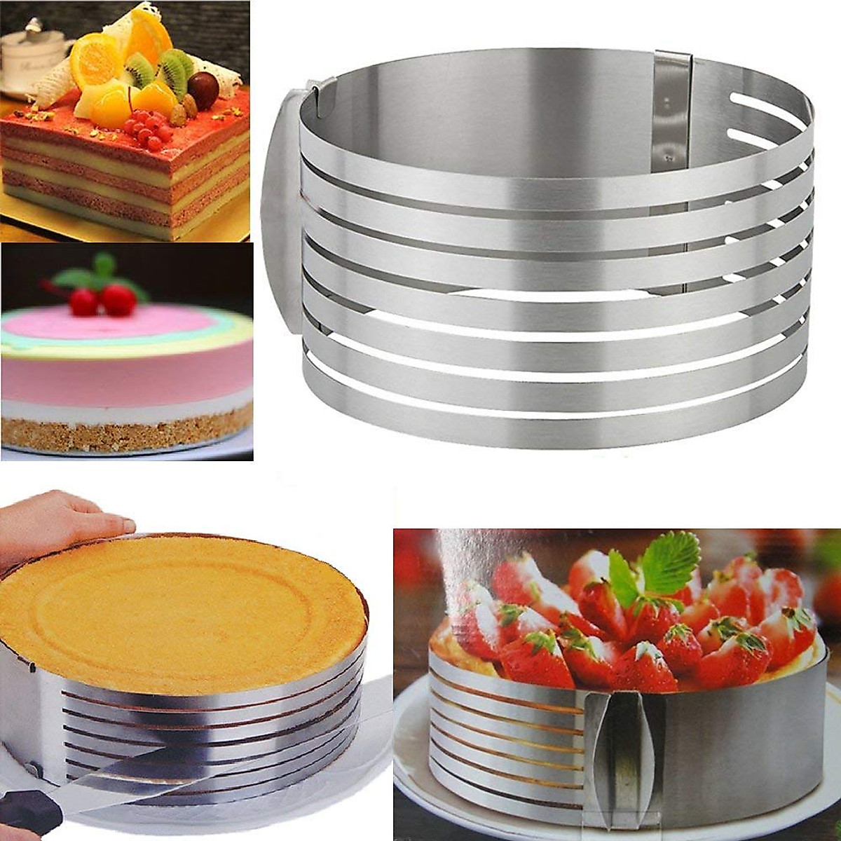 Layered Slicer Cake Ring Set, GDGY 6-8 Inch Stainless Steel Circular Baking Tool Kit Set Mousse Mould Slicing Include 1pc Egg White Separator and 1pc Cake Edge Smoother Scraper Cutter