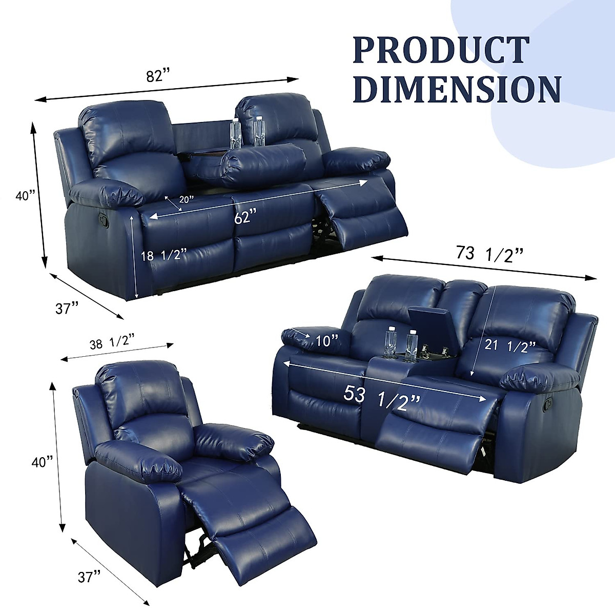 Ocstta Manual Leather Recliner Sofa Set for Living Room Furniture Set,Leather Recliner Couch Set for Home/Office,Leather Couch Set for 3-Pieces(Sofa+Loveseat+Chair) Blue