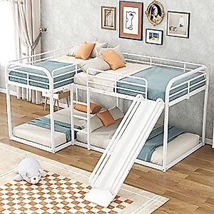 EOVTK L-Shaped Metal Bunk Bed for 4, Full and Twin Size Bunk Quad Bed Frame with Slide, Short Ladder and Safety Guardrail for Kids Teens Adults, White