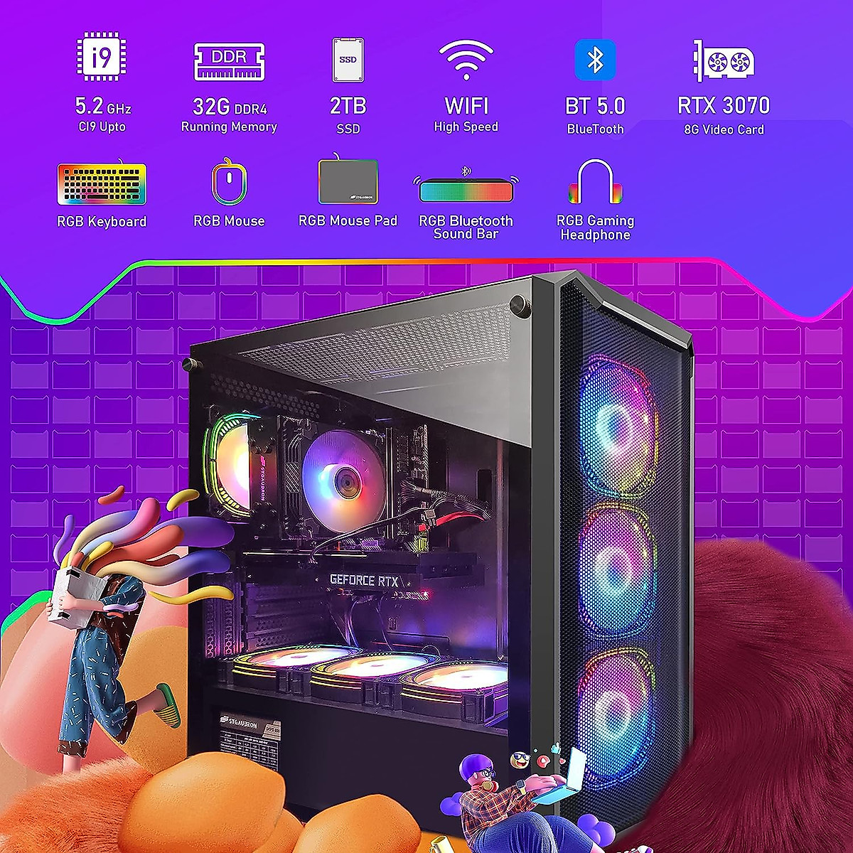 STGAubron Gaming PC Computer Desktop, GeForce RTX 3070 8G, Intel Core i9-11900KF up to 5.3G, 32G DDR4, 2T SSD, WiFi, BT 5.0, RGB Fan x7, RGB BT Sound Bar & Gaming Mic, Windows 11 Home