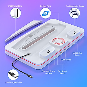 CODOGOY Upgraded PS5 Cooling Stand with Controller Charger, Cooling Station for PS5 Disc & Digital Editions, 2 Levels Adjustable Fans Speed, PS5 Charging Docking Station with 3 USB Ports (White)