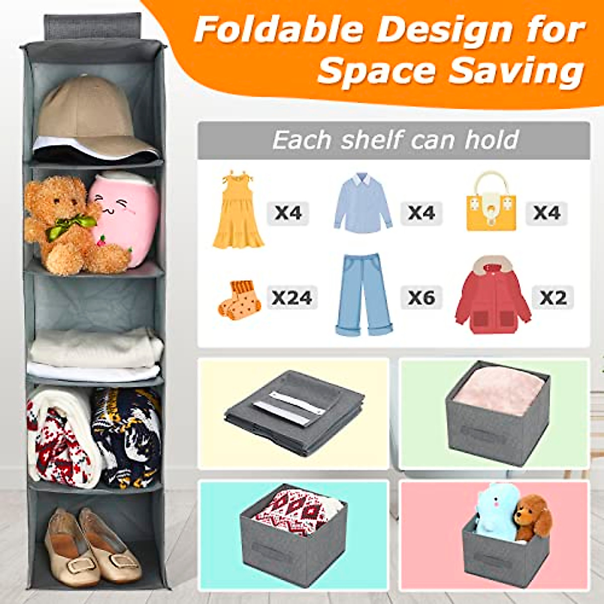 2 Pcs 5-Shelf Hanging Closet Organizer and 4 Pcs Removable Drawers, 11 x 11 x 39 Inch Hanging Storage Organizer Hanging Shelves for Closet Bedroom Dorm College Room, Clothes Socks Underwear Hat