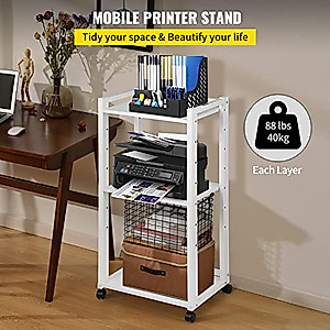 VEVOR Printer Stand, 3-Tier Rolling Printer Cart, Adjustable Storage Shelf Rack on Lockable Wheels, 19.69x 13.78x 42 inch Printer Table for Home Office Small Spaces Organization, White
