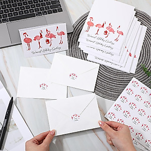 Poen 50 Sets Christmas Flamingo Thank You Cards with Envelopes and Stickers Merry Christmas Greeting Cards 4 x 6 Inches Funny Christmas Cards for Friend Family Coworkers Clients Holiday Wishes