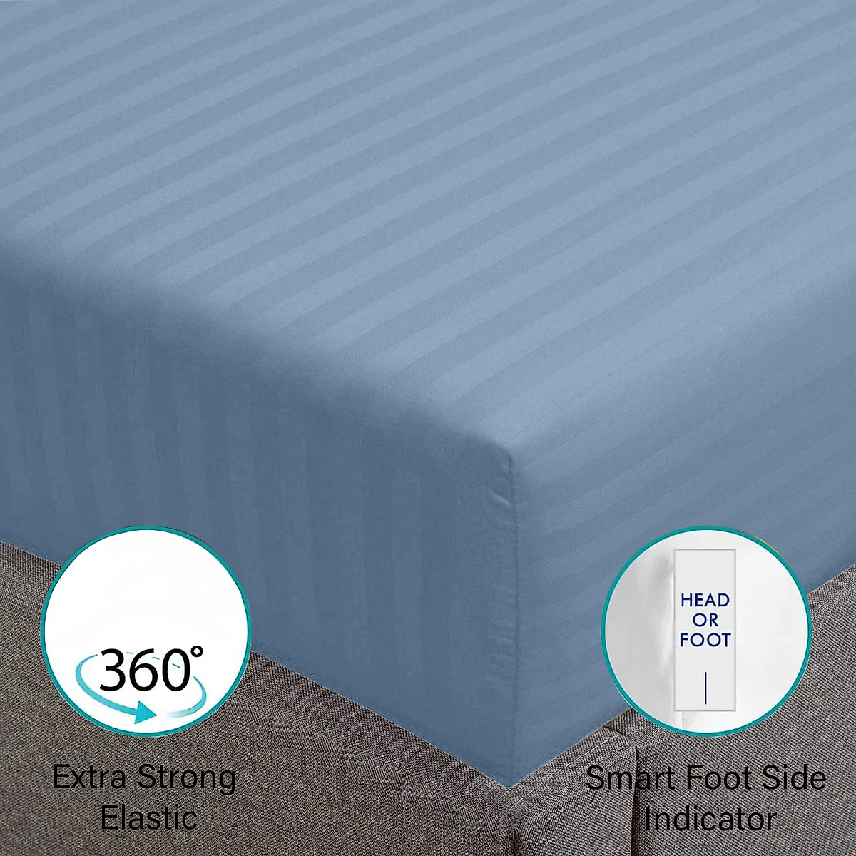 Feather & Stitch 500 TC King Size Damask Bed Sheet Set, 100% Soft Cotton Breathable Bedsheets, 18" Deep Pockets Sateen Weave Striped Bedding Mattress Resort Hotel Luxury Décor - (Blue, King)