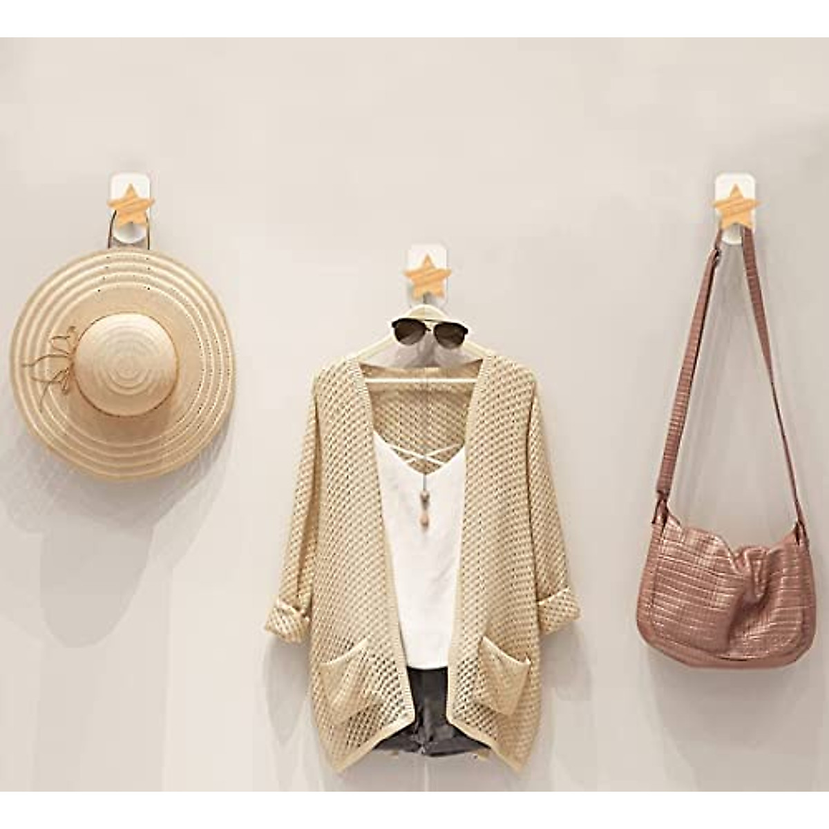 Yisiziyo Beech Wood Coat Hooks 4 Pieces Kids Room Decor Sticky Hooks Strong No Marking Glue No Drilling Required