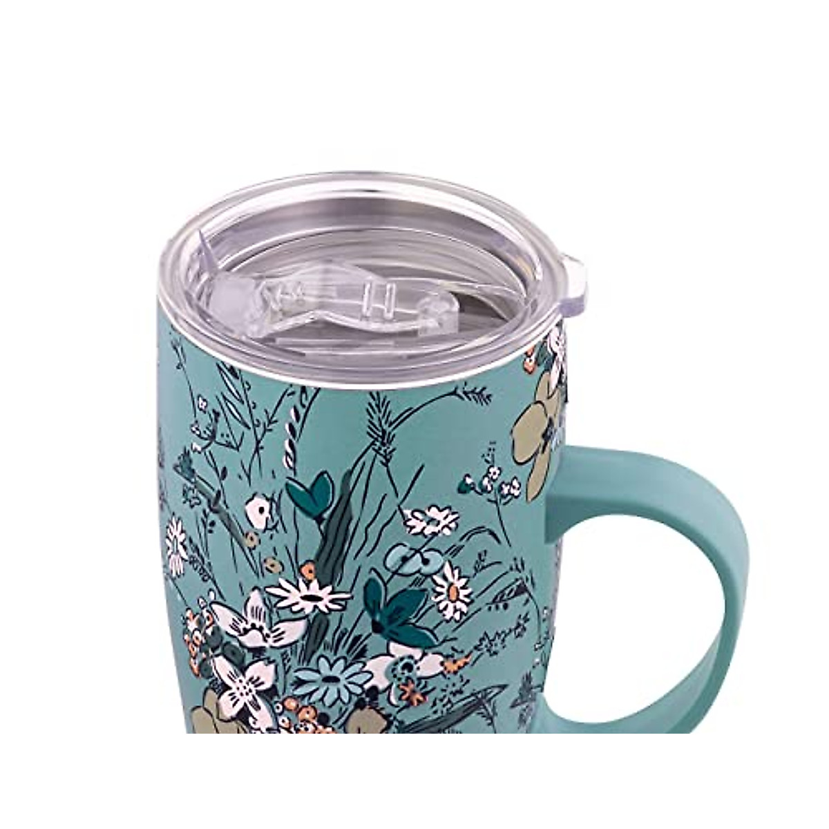 Vera Bradley Coffee Tumbler with Handle, 18 Ounce Stainless Steel Mug with Lid, Green Floral Metal Thermal Cup, Sunlit Garden Greek Sage