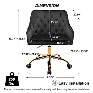 Kootlena Modern Black Velvet Desk Chair, Home Office Desk Chair Computer Chair on Wheels, Cute Vanity Chair for Womens Girls, Upholstered Swivel Task Chair w/Gold Base for Living Room Bedroom