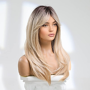 Long Blonde Wig with Bangs Layered Synthetic Hair Wig with Dark Roots for Women (22 Inch)