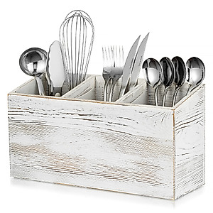 Hanobe Large Wooden Utensil Holder: Rustic Farmhouse Wood Cutlery Caddy 3 Compartment Silverware Countertop Organizer Distressed White Washed Flatware Storage for Kitchen Dinning Table