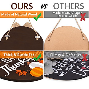 Happy Thanksgiving Wooden Front Door Sign Fall Holiday Rustic Natural Wood Round Door Hanger with Orange Buffalo Plaid Bow Wall Art with Pumpkins Autumn Leaves Decoration Ideas 12 Inches