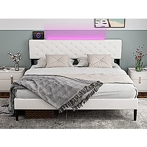 IKIFLY California King Bed Frames with Adjustable Headboard, Modern Upholstered Cal King Platform Bed with LED Lights & 2 USB Ports, Strong Wood Slat Support, No Box Spring Needed - White