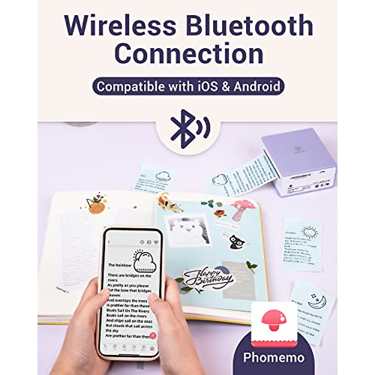 Phomemo Pocket Printer - M02 Mini Bluetooth Wireless Sticker Printer, Compatible with iOS & Android, Thermal Mobile Printer for Fun, memo, to-do List, Work Notes, DIY Journal, Purple