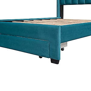 SOFTSEA Full Size Upholstered Bed Frame with Large Drawer Velvet Platform Bed Frame with High Headboard for Bedroom