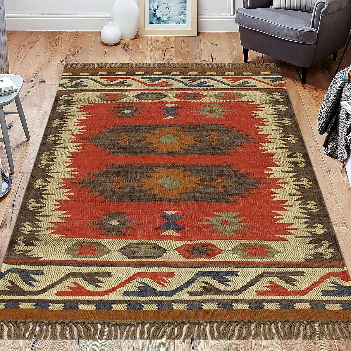 RamVicraft 6x9 Kilim Wool Jute Rug, Natural Handmade Area Rug for Bedroom, Living Room, Dining Room, Hallway, Office, Kitchen, Entryway Carpet for Decorative Use (D-1)