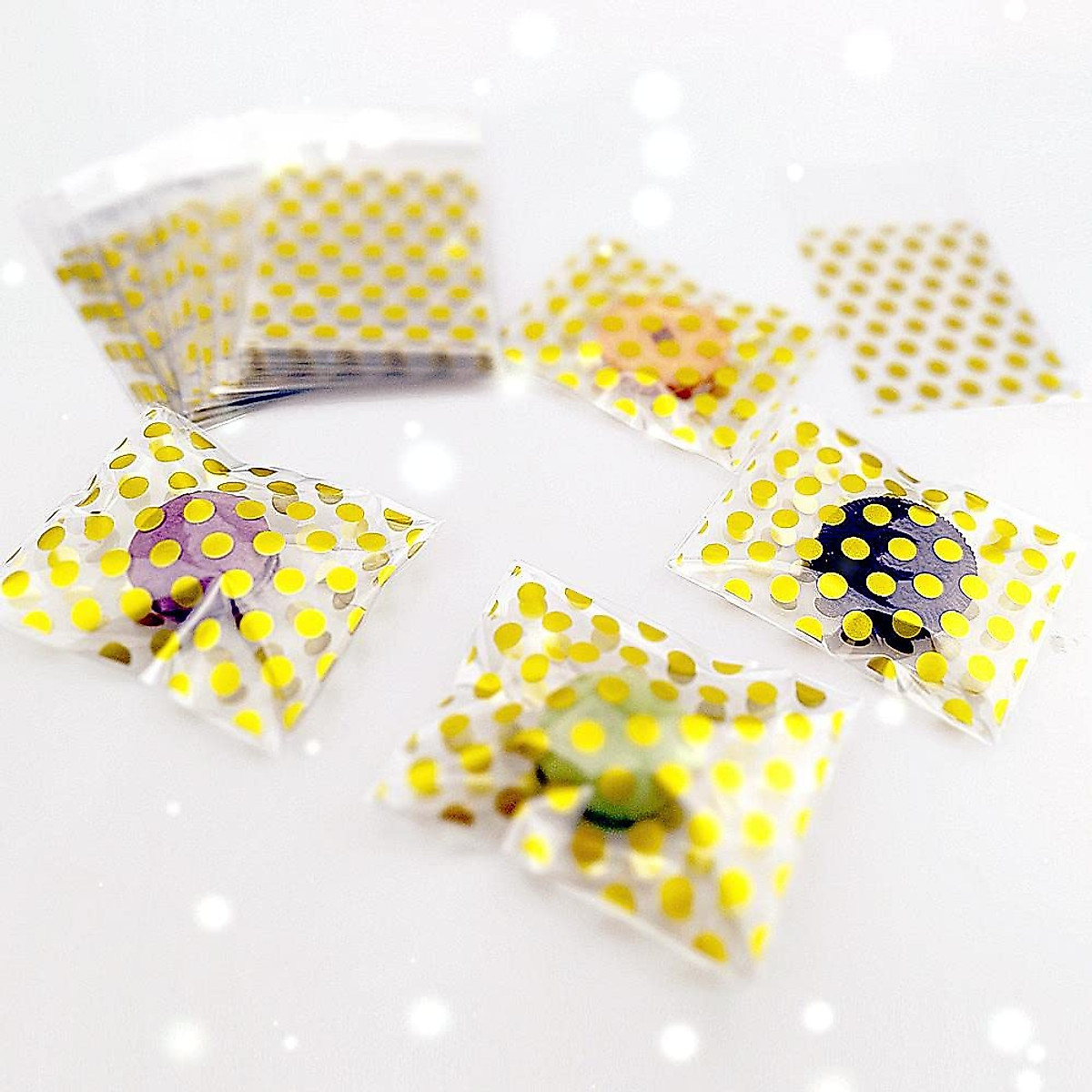 Saktopdeco 100 PCS Gold Polka Dot Cellophane Bags Clear Cellophane Treat Bags 3x5 Cellophane Gift Bags Self Sealing Bags for Cookie Candies